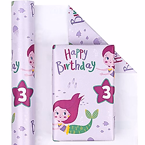WRAPAHOLIC 3rd Birthday Wrapping Paper - Mini Roll - 17 Inch X 16.5 Feet - Adorable Mermaid and Happy Birthday Lettering Design for Party, Baby Shower