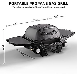 Portable Gas Grill, Portable Propane Grill, Propane Gas Grill, 24,000 BTU Outdoor Tabletop Small BBQ Grill with Two Burners, Removable Side Tables, Gas Hose and Regulator, Built in Thermometer, Black