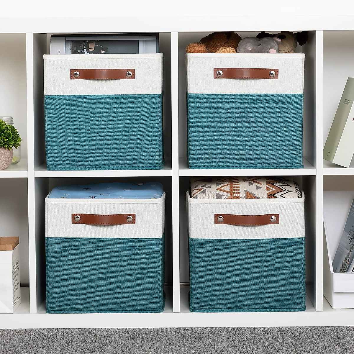 HNZIGE Fabric Storage Cube Bins Baskets for Organizing, 11 inch Cube Storage Bins, Set of 8, Collapsible Storage Bin with Handles, Closet Organizers and Storage Home Toy Nursery Bedroom(White Teal)