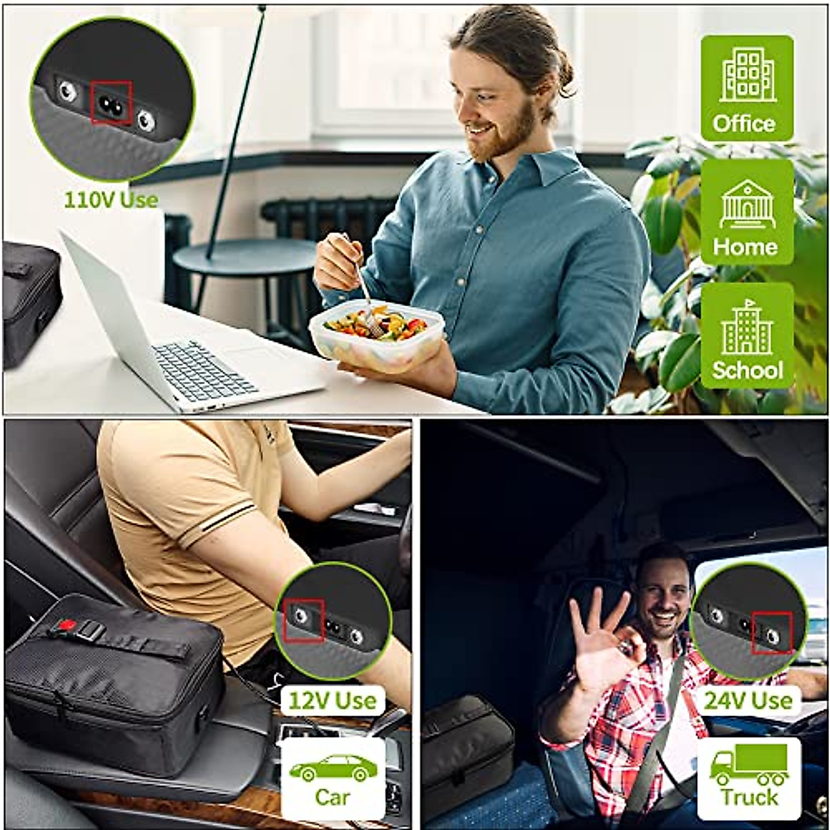 Portable Oven, 12V 24V 110V Car Food Warmer Portable Personal Mini Oven Electric Heated Lunch Box for Meals Reheating & Raw Food Cooking for Road Trip/Camping/Picnic/Family Gathering(Black)