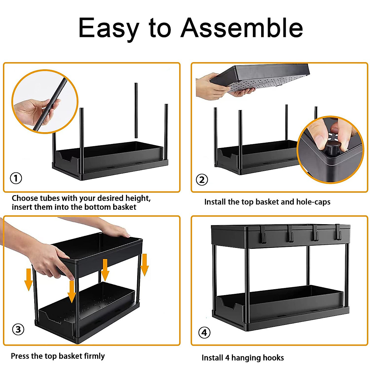 2 Pack Under Sink Organizer Storage with Sliding Cabinet Basket 2 Tier Multi-Purpose Under Sink Organizer and Storage for Bathroom Kitchen with 4 Hooks,2 Pack,Black