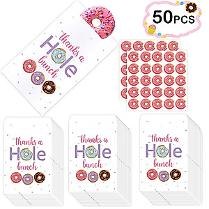 50 PCS Donut Candy Bags Thanks A Hole Bunch Stickers Donut Grow Up Party Decoration, Donut Birthday Goodie Bags Donut Theme Party Supplies Baby Shower Doughnut Time Supplies for Kids Girls