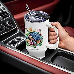Tortoise Lover Personalized Tumbler 40oz With Handle & Straw - Stainless Steel Travel Coffee Cup With Lid - Cute Animal Gift For Women, Girls - Custom Name Birthday Holiday Gift Idea TNPLyL