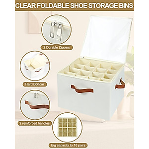 NEATJELAI Shoe Organizer for Closet, Collapsible Shoe Storage Boxes with Clear Cover and Adjustable Dividers for Space Saving Women Shoe Box Closet Shoe Container with Handle, Fits 16 Pairs, White