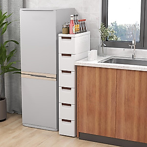 Byroce Slim Storage Drawers, Plastic Organizers w/Hidden Wheels for School Supplies, Crafts, Files & Towels, Under Table Rolling Cart for Dorm, Home & Office (7.5" x 16.5" x 43" (6 Drawers))