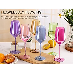 Colored Wine Glasses Set of 6-15oz Hand Blown Colorful Crystal Long Stem Wine Glasses, Unique Colored Glassware for Party,Home Bar