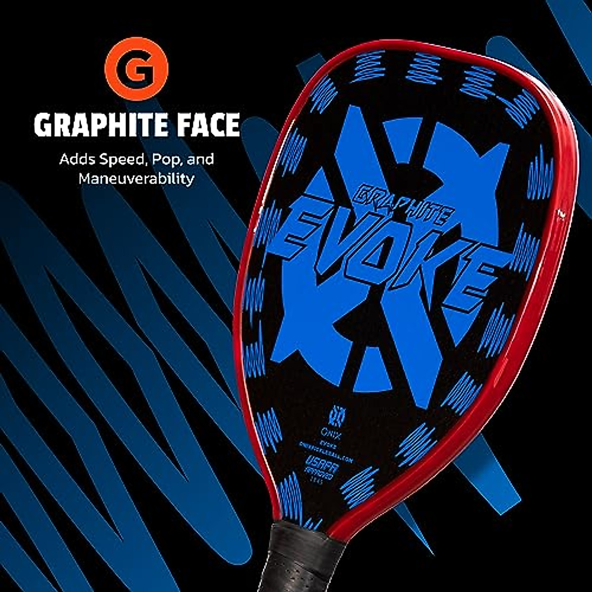 Onix Graphite Evoke Tear Drop Pickleball Paddle Features Tear Drop Shape, Polypropylene Core, and Graphite Face, Blue