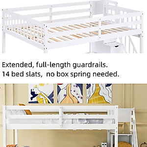 Merax Wood Full Size Loft Bed Frame with Built-in L Shaped Desk & 3 Storage Shelves & Attached Storage Stairs for Kids, No Box Spring Needed, White