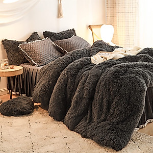 HAIHUA Luxury Plush Shaggy Duvet Cover Flannel Velvet Bedding (1 Faux Fur Duvet Cover +2 Faux Fur Pillowcases)Fluffy Comforter Bed Sets 3 Pieces ,Zipper Closure (Dark Gray, Queen)