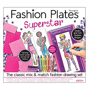 Fashion Plates Superstar – Girls Fashion, Mix-and-Match Drawing Kit, Arts and Crafts, Coloring, Art Supplies, Craft Supplies, Stencils, Crayons Included, Create Your Own Fashion Designs, Ages 6+