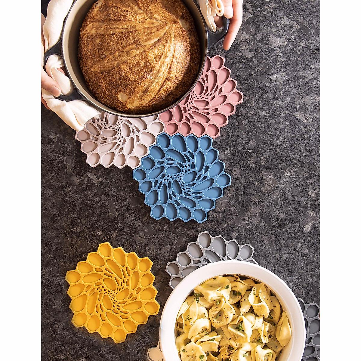 modern-twist 7 x 7" Hive Silicone Trivet, Heat Resistant Up To 675°F, Non Slip, Protects Table From Heat, Mustard, Pack of 1