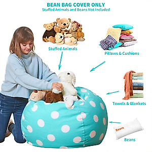 Aubliss Stuffed Animal Bean Bag Storage Chair, Beanbag Covers Only for Organizing Plush Toys, Turns into Bean Bag Seat for Kids When Filled, Large 38"-Canvas Dot Light Aqua