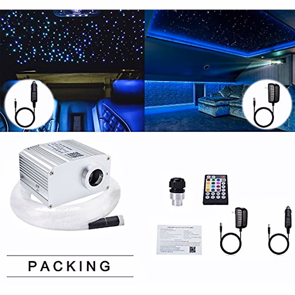 AZIMOM Bluetooth 10W Twinkle RGBW LED Fiber Optic Star Ceiling Lights Kit Mixed 375pcs 9.8ft Strands Music Sound Activated APP Remote Control for Car Indoor Home Interior Star Decoration