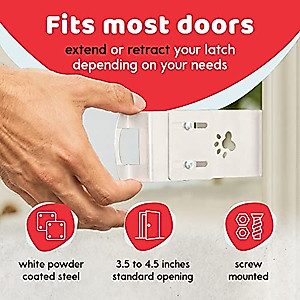 TheDoorLatch Cat Door Strap and Latch, Sturdy Door Holder for Keeping Dogs and Kids Out of Rooms, Litter Boxes, and Food, White Powder Coated Cat Door Latch, 3.5 to 4.5 Inches Opening
