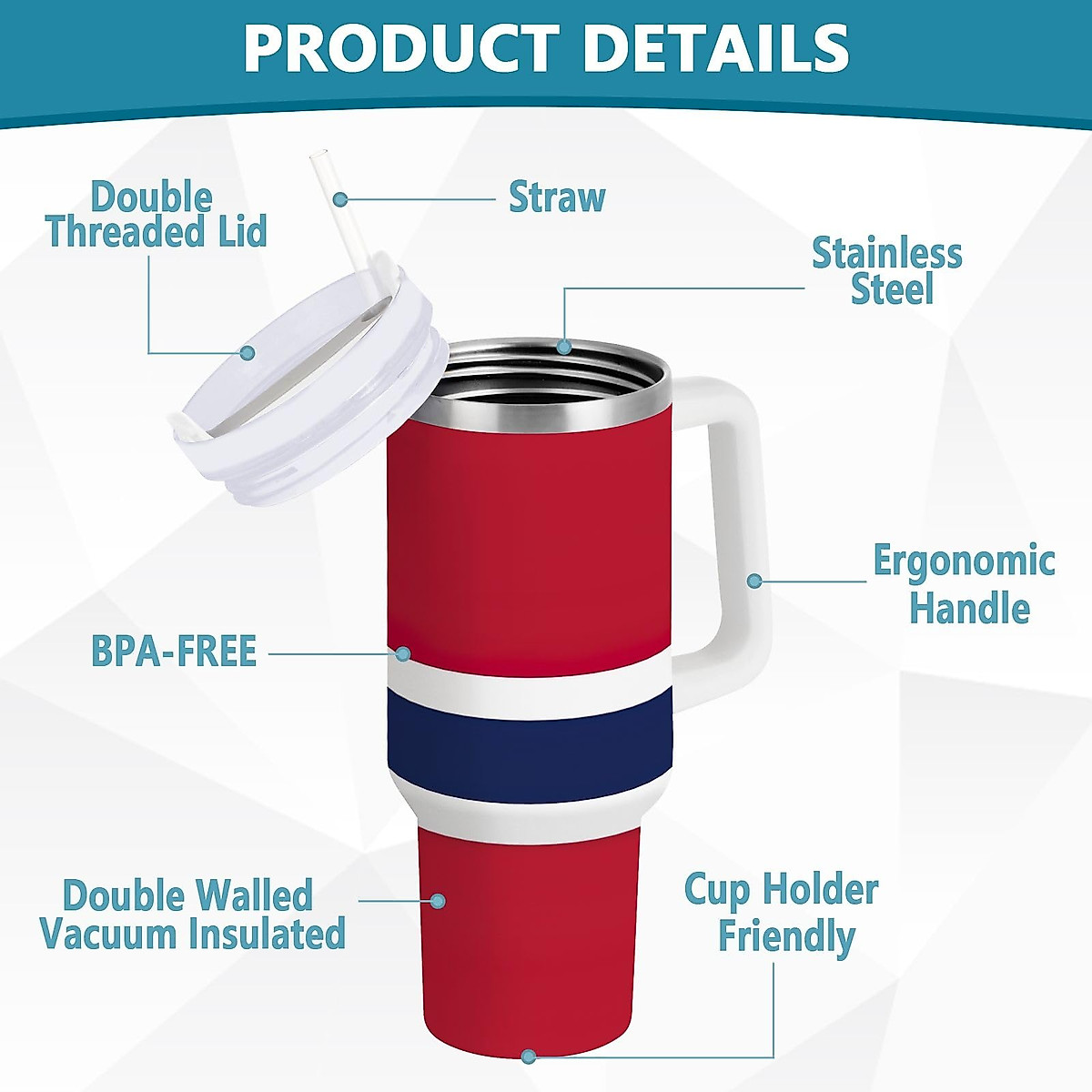 ODAWA Large Norway Flag Stainless Steel Insulated Tumblers with Handle and Straw Travel Insulated Tumblers