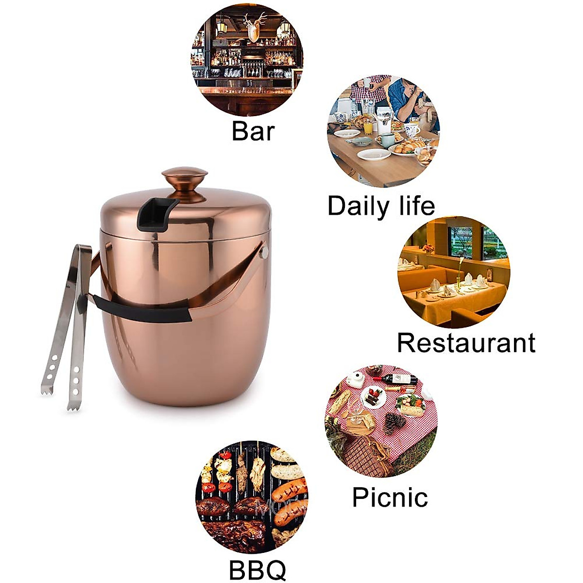 malmo Ice Bucket - Double Walled Stainless Steel Ice Bucket - Wine Bucket with Tongs & Thickened Lid (3 L) - Portable Chiller Bin Basket for Parties, BBQ & Buffet