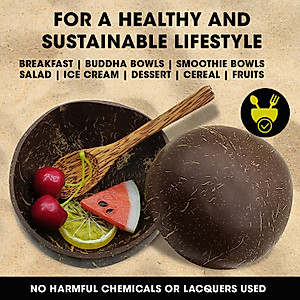 CEREM Coconut Bowl & Wooden Spoon, Fork Set - Handmade Natural Coconut Bowls for Acai, Smoothie, Buddha Bowls - Eco Friendly Vegan Gifts, Kitchen Decor - 1 Set, Polished