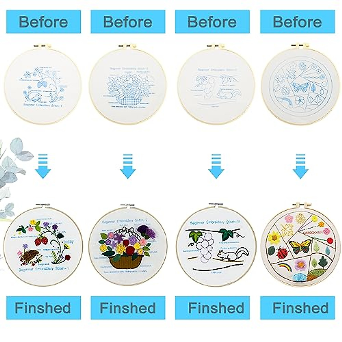 Yiizetony Embroidery Kit for Beginners Adults, 4 Set Embroidery Stitches Practice Kit, Hand Embroidery Kit for Beginner with Embroidery Patterns, Stitch and Learn to Embroidery Kits