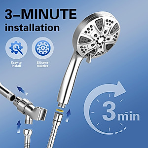 Shower Head, High Water Pressure Handheld Showerhead With 5 ft Stainless Steel Hose and Adjustable Bracket Combo, 8 Mode Hand Heads Can Power Wash to Dathroom, Tub, Corner, Tile