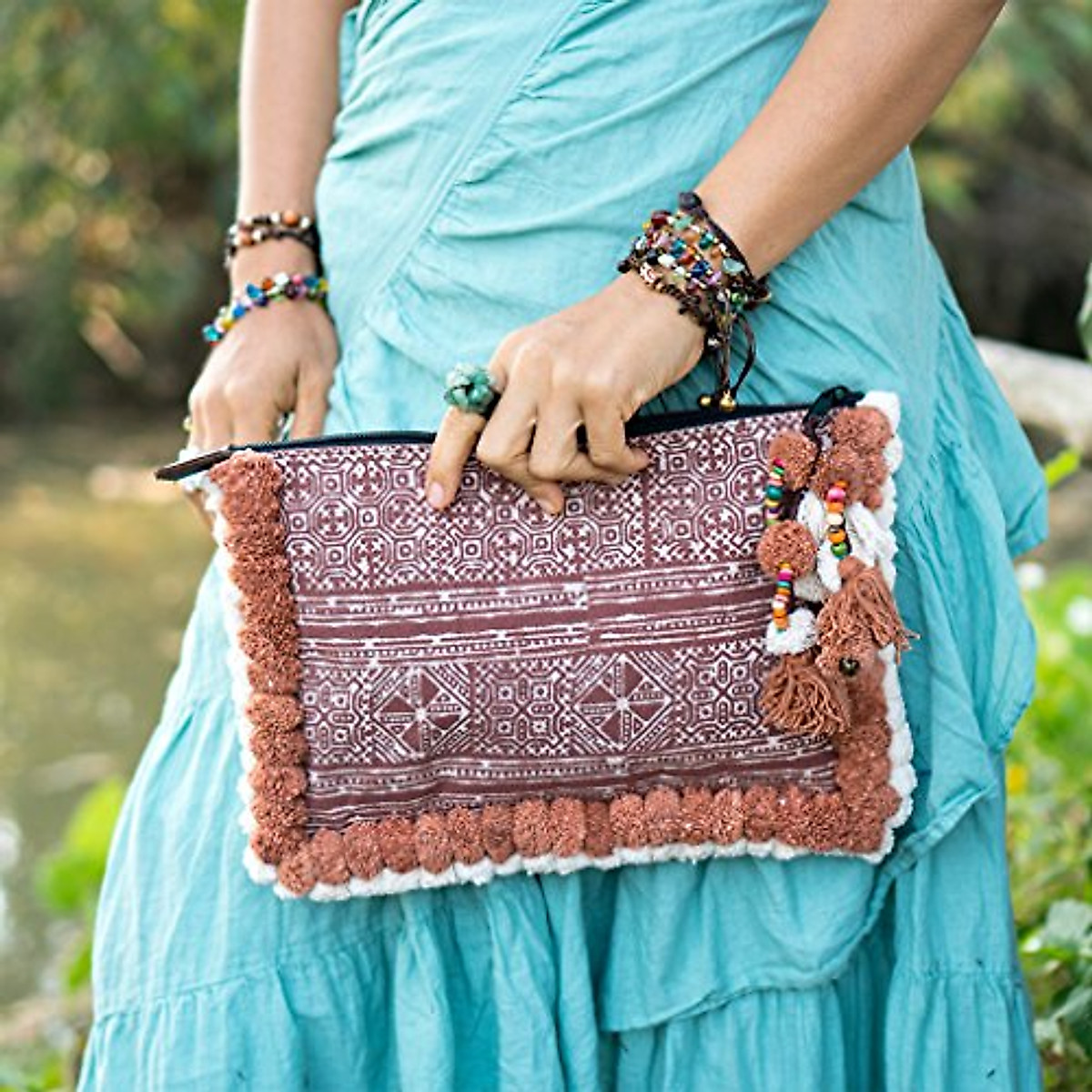 changnoi Unique Fair Trade Woman's Clutch Bag/Ipad Holder with Pom Pom (Brown)