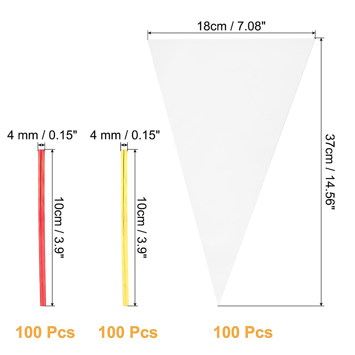 uxcell 200 Pcs Cone Cello Bags, Clear Flat Plastic Cello Treat Bag with Gold/Red Twist Ties Candy Bags Cookie Bags for Christmas Snacks Candy Cookie Sweet
