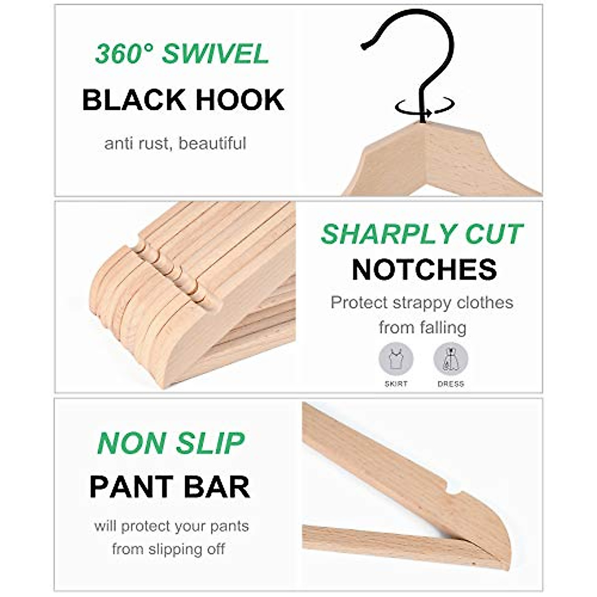 Amber Home Natural Stylish Thin Solid Wooden Suit Hangers 24 Pack, Non-Lacquer Slim Wood Coat Jacket Hanger with Pants Bar, Extra Space Saving Clothes Hanger for Dress, Pant, Shirt (Natural, 24)