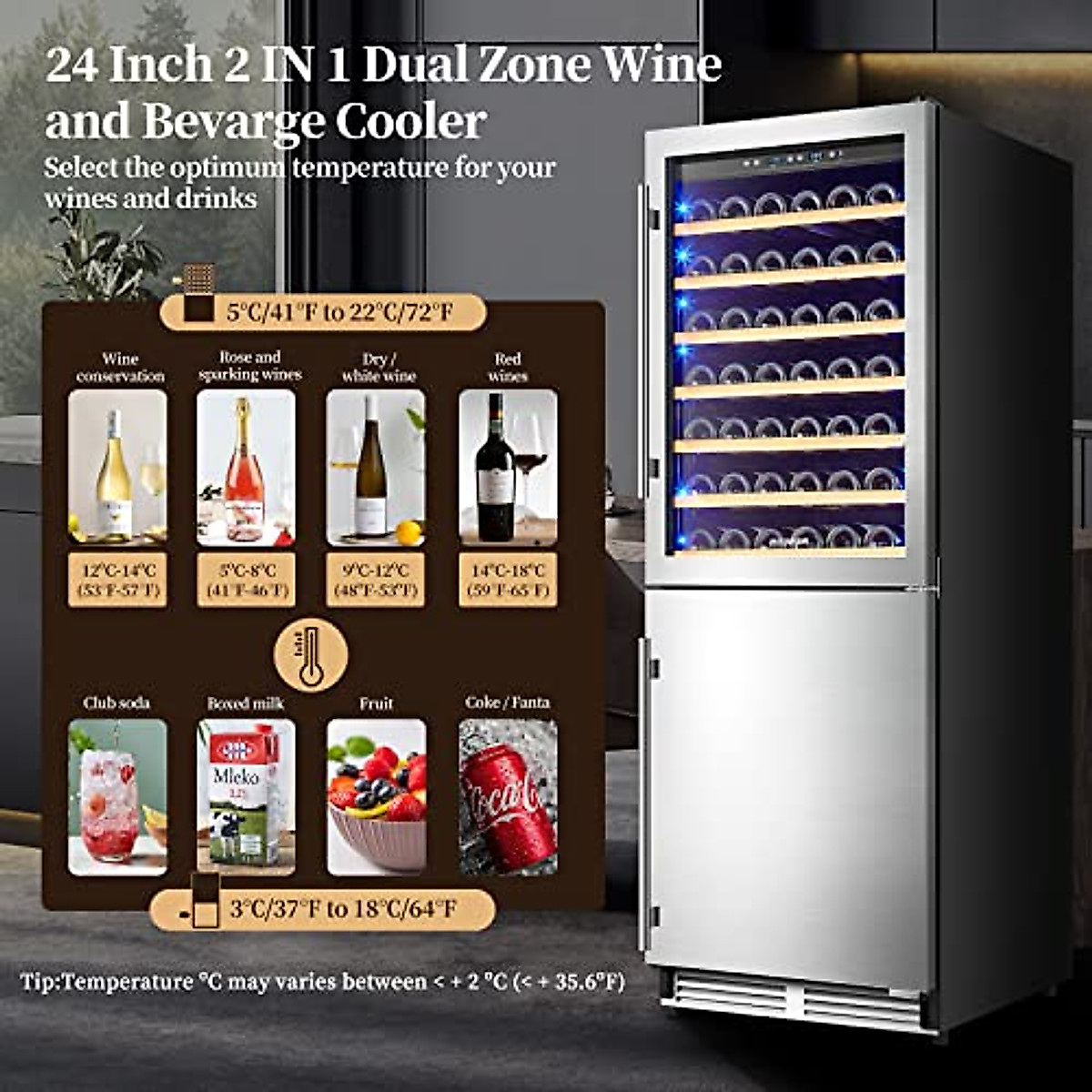 BODEGA 24 Inch Wine and Beverage Refrigerator Cooler,Dual Zone Wine Fridge with Memory Temperature Control 77 Bottles and 180 Cans,Built-In or Freestanding 2-in-1 Wine Cooler for Home Bar Kitchen