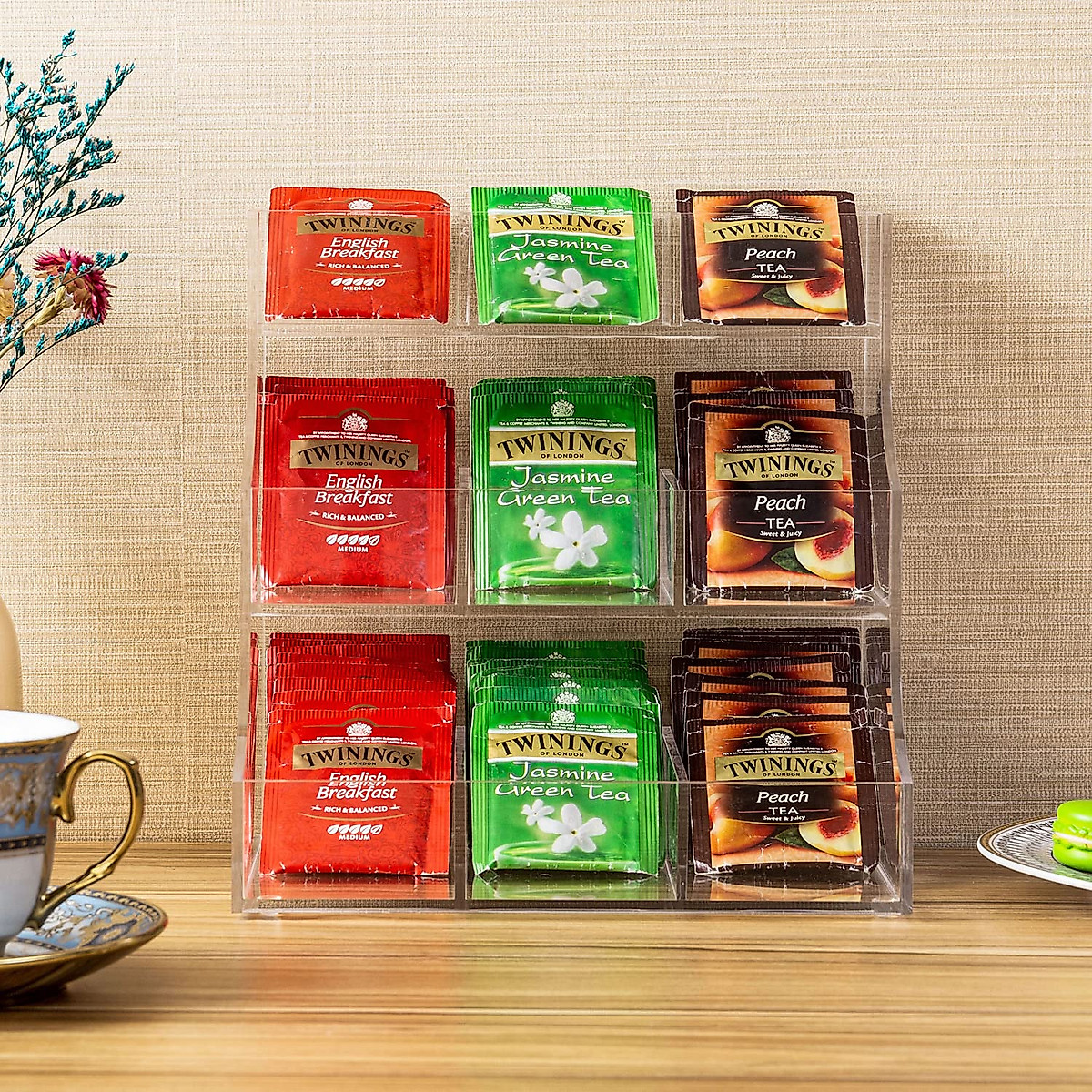 MyGift 3 Tier Premium Clear Acrylic Modern Tea Bag Organizer Holder for Countertops, Wall Mountable Teabag Storage Rack for Kitchen, Coffee Station