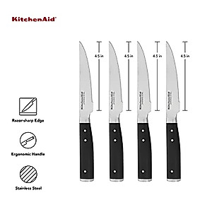 KitchenAid Gourmet 4 Piece Forged Triple Rivet Steak Knife Set, High Carbon Japanese Steel, Sharp Kitchen Knife Set, 4.5 inch, Black