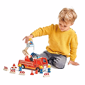 Tender Leaf Toys - Fire Engine - Wooden Fire Truck Toy with Firefighters and Accessories - Story Telling, Pretend Play and Imaginative Play for Age 3+