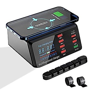 USB Charger Hub ASOMETECH 100W 8-Port Desktop Multiple USB Charging Station with PD Port, Quick Charge 3.0 USB Port, Wireless Charger, LCD Display Fast USB C Charger for iPhone 12, Tablet and More