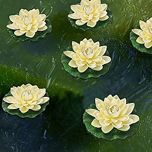 Sunm Boutique Artificial Floating Foam Lotus Flowers, Artificial Water Lily Pads, Lotus Lilies Pad Ornaments for Patio Koi Pond Pool Aquarium Home Garden Wedding Party Garden Decor, 6Pcs, Ivory