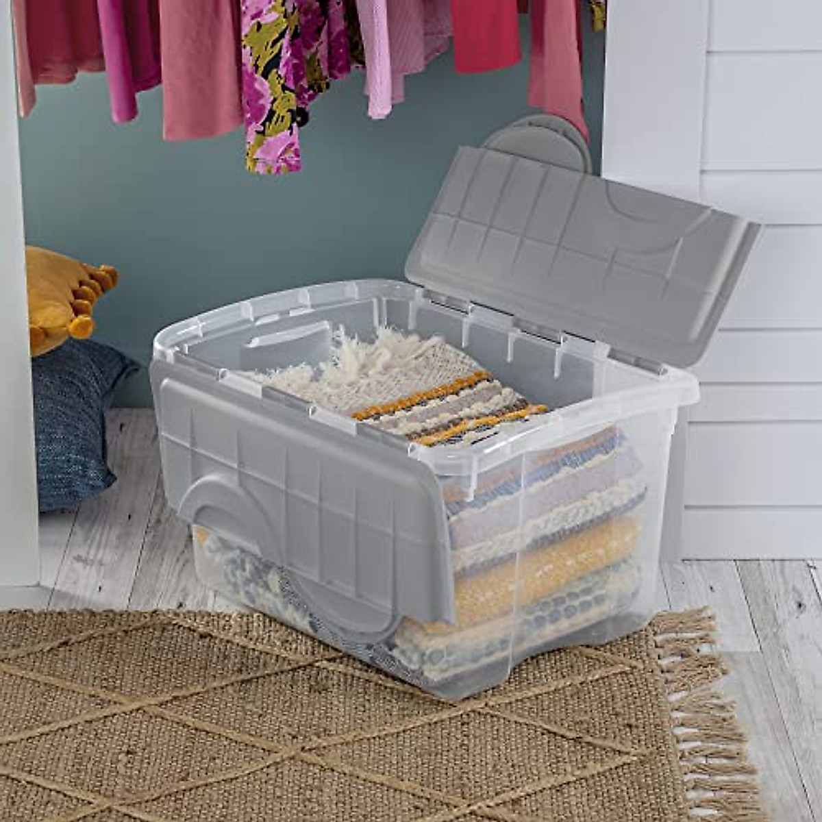 QTIQ 48 Qt. Hinged Lid Storage Box Plastic, Titanium, Set of 6