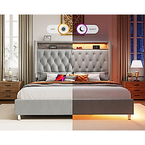 Jocisland Queen Size Bed Frame 53.6'' Tall Headboard LED Lights Charging Station, Velvet Hign Upholstered Platform Bed Wingback Storage, No Box Spring Needed, Motion Activated Light, Light Gray