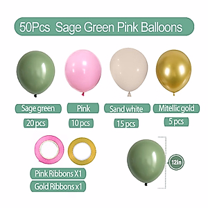 Sage Green Pink Balloons, 50pcs 12 Inch Green and Pink Balloons Olive Green Light Pink Sand White Metallic Gold Balloons for Birthday Decoration Baby Shower Wedding Party Decoration