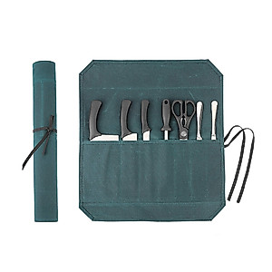 Denifiter Heavy Duty Waxed Canvas Chef Knife Storage Roll Bag With 7 Slots, Waterproof And Durable (Dark Green)