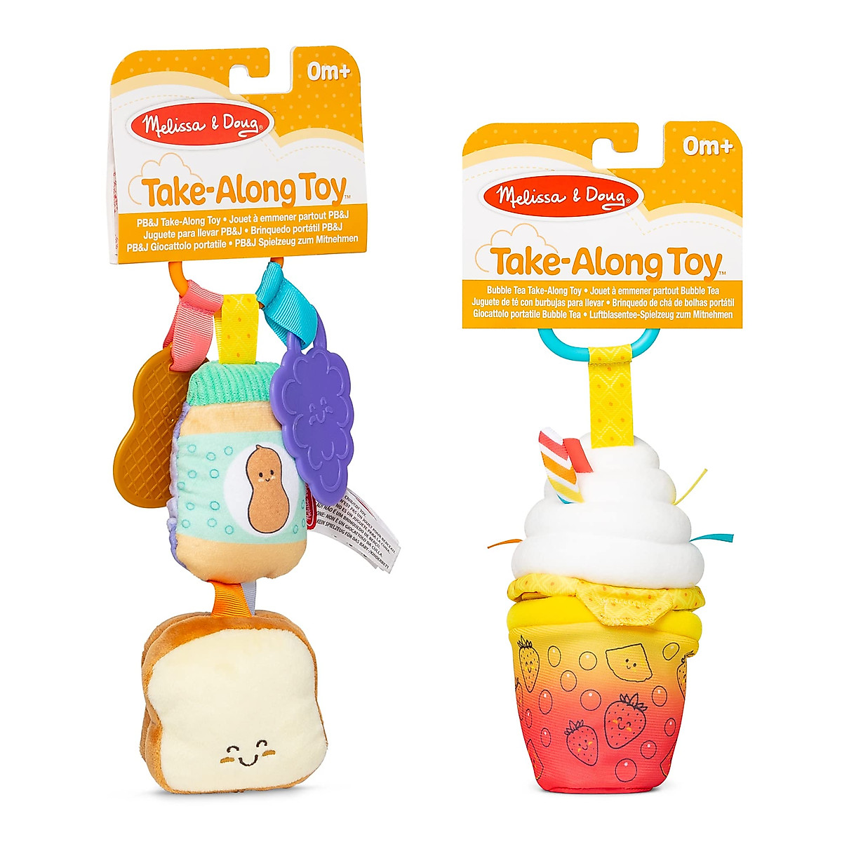 Melissa & Doug Multi-Sensory Take-Along Clip-On Infant Toy 2-Pack (PB&J and Bubble Tea)