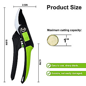 Evcitn 8.6" Garden Pruning Shears(K88), Bypass Pruning Shears with 1 Inch Cutting Capacity, Tree Trimmer, Branch Cutter, Hedge Clippers, Ergonomic Garden Tool, Green