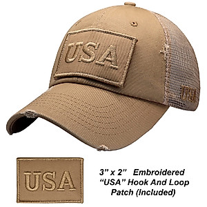 Antourage American Flag Unconstructed Hat for Men and Women Twill Mesh Snapback Baseball USA Flag Cap + 2 Patriotic Patches ((10) Khaki Distressed Mesh Snapback)