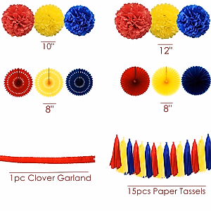 InBy Carnival 28PCS Red Blue Yellow Party Decorations Kit - 12" 10" Tissue Flower Paper Pom Poms 8" Paper Fan Tassel Garland for Birthday Bridal Baby Shower Wedding Bachelorette Decoration Supply