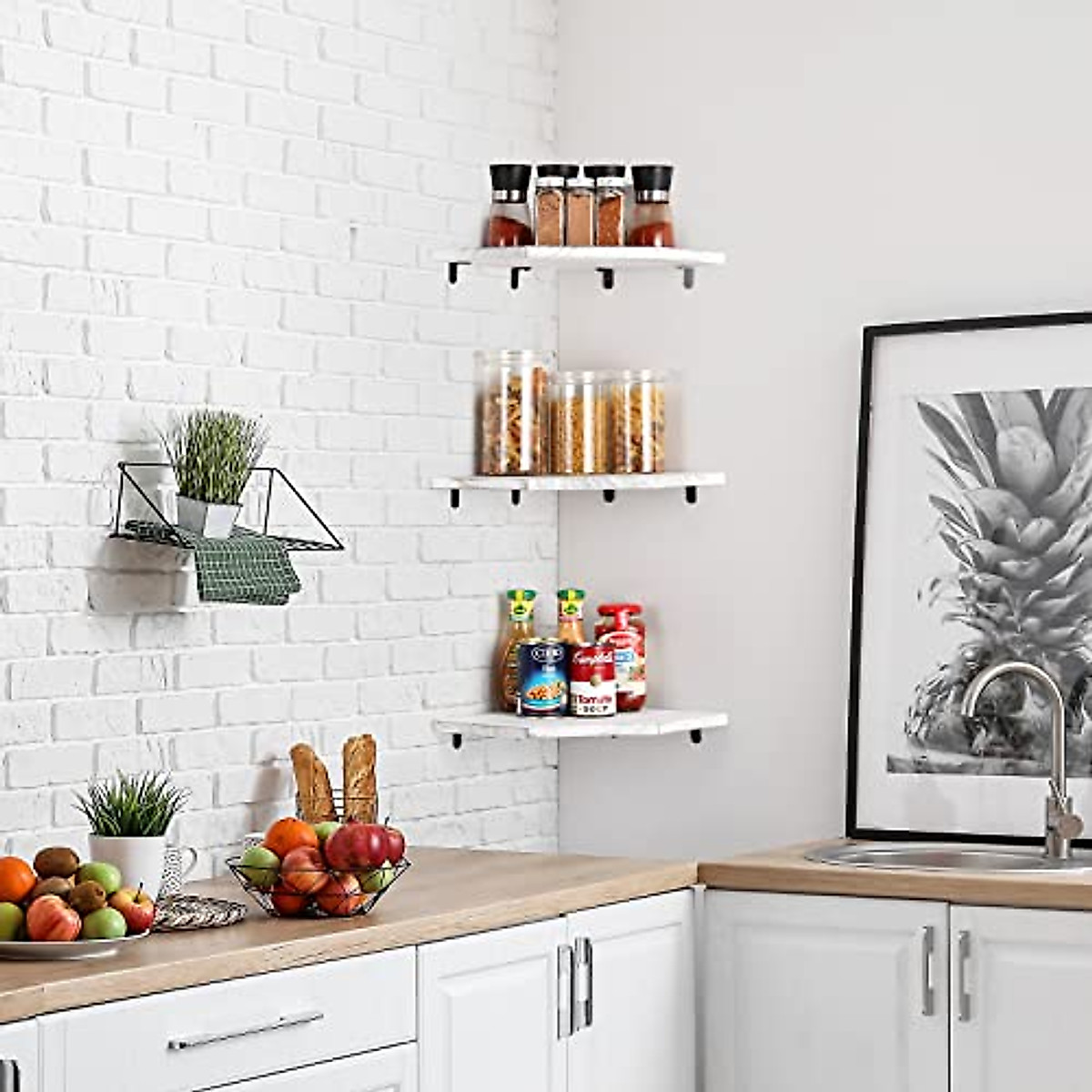 SEHERTIWY Corner Floating Shelves for Wall, 5 Tier Rustic Wall Shelves Corner Storage Shelves Small Shelf White Floating Shelves for Bedroom, Living Room, Bathroom, Kitchen