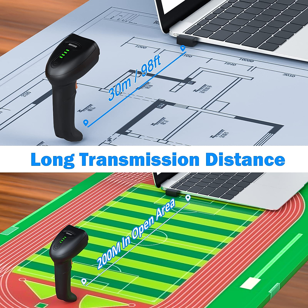 Symcode Wireless Handheld Barcode Scanner Versatile 2-in-1 (2.4Ghz Wireless+USB 2.0 Wired) 328 Feet Transmission Distance Rechargeable 1D Laser Automatic Bar Code Reader Scanner(Black)