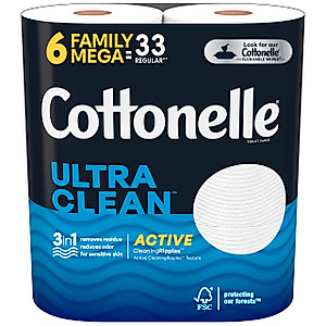 Cottonelle Ultra Clean Toilet Paper with Active CleaningRipples Texture, Strong Bath Tissue, 6 Family Mega Rolls = 33 Regular Rolls, 388 Sheets per Roll