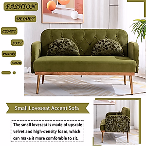 55-inch Small Velvet Couch with Elegant Moon Shape Pillows, Twin Size Loveseat Accent Sofa with Golden Metal Legs, Living Room Sofa with Tufted Backrest, 600 Pounds Weight Capacity, Green