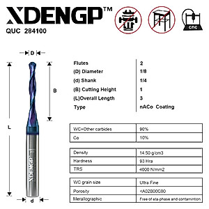XDENGP Up Cut Ball Nose Router Bit for CNC, 1/8 inch Cutting Diameter and 1 inch Cutting Length 1/4 inch Shank with NACO Coated Carbide End Mill for Wood Side Milling End Milling, Finish Machining