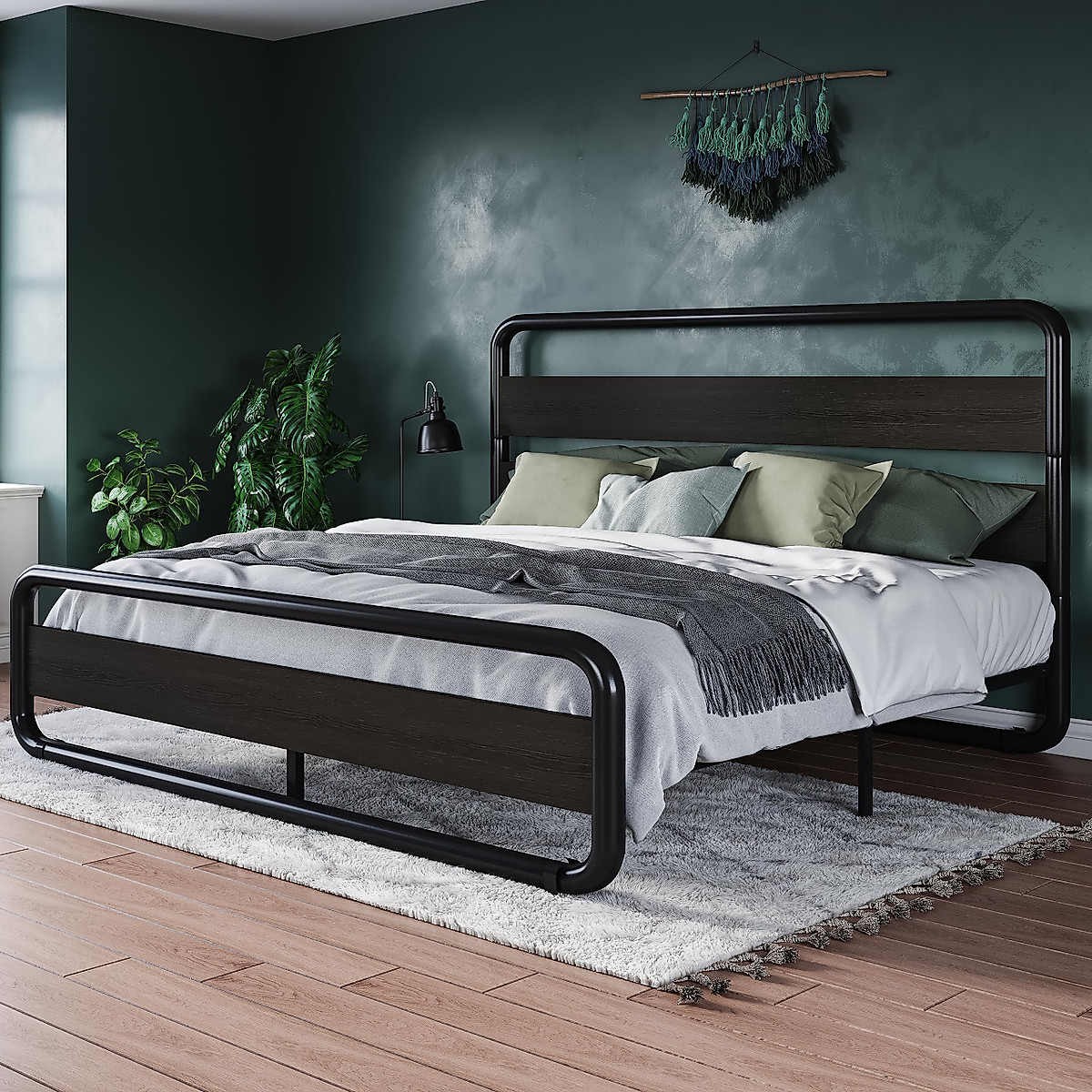 Allewie King Size Metal Bed Frame with Curved Wood Headboard and Footboard, Heavy Duty Platform Iron Bed with Under-Bed Storage, Noise Free, No Box Spring Needed, Easy Assembly, Black