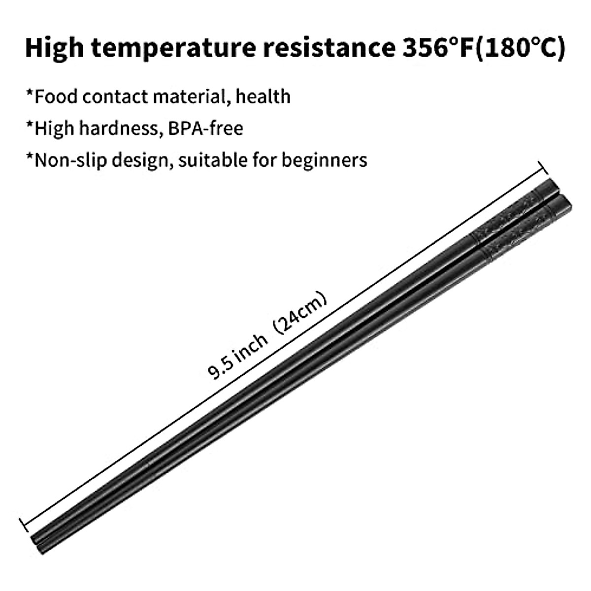 Kirecoo 10 Pairs Fiberglass Chopsticks Reusable, Non-Slip Chopsticks, Japanese Style Chopstick, Black Chop Sticks Pack Reusable Dishwasher Safe, 9 1/2 Inches