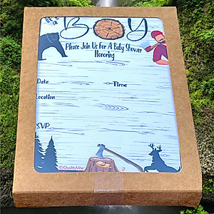 25 Lumberjack Baby Shower Invitations With Envelopes, Deer, Axe & Wood Background. Thick & Non Coated Cardstock For Use With Any Pen.