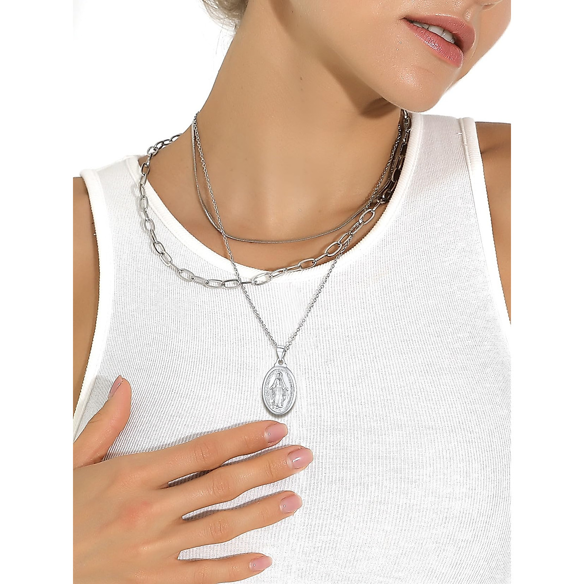 U7 925 Sterling Silver Virgin Mary Necklace Pendant with 20" Chain Catholic Gift for Women Gilrs Oval Miraculous Medal Jewelry