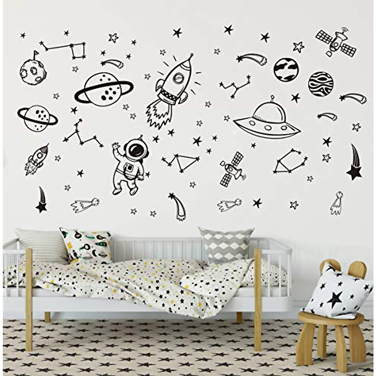 Wall Decor for Boys Room Art Outer Space Star Rockets Planets Stickers Removable Space Wall Decal for Children Bedroom Decoration (Black)